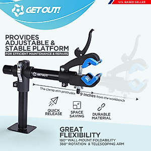 Get Out! Bike Repair Stand for Maintenance - Wall or Bench Mount Bicycle Repair Clamp - Workbench Cycling Work Stand Vise for Repairing Folding, Mountain, Electric, or Road Bikes