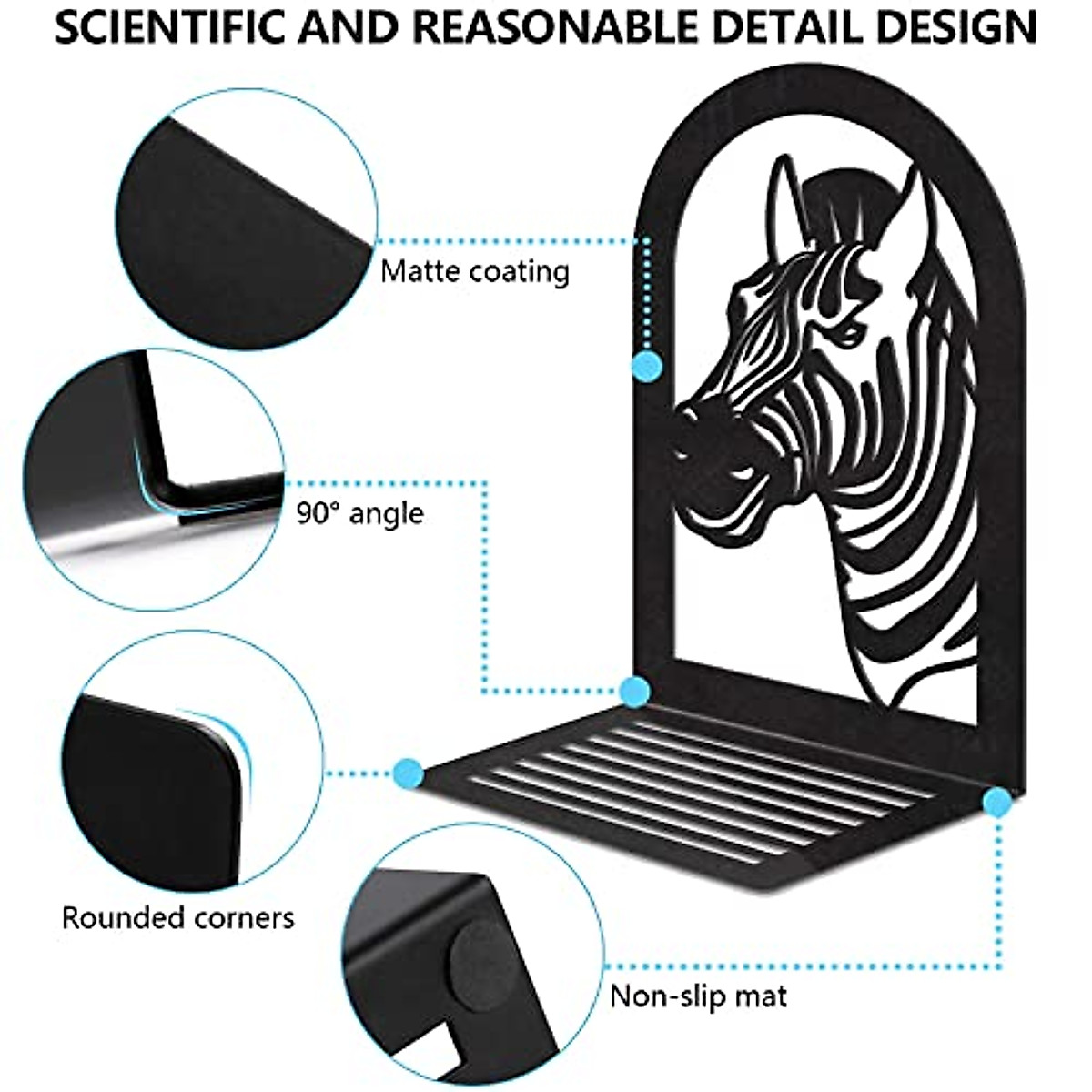 Book Ends Decorative for Heavy Books, Large Heavy Duty Zebra Bookends for Shelves for Holding Books/Movies/CDs/Video Games, Black Non-Skid Book Stopper for Office Home Kitchen(1 Pair)