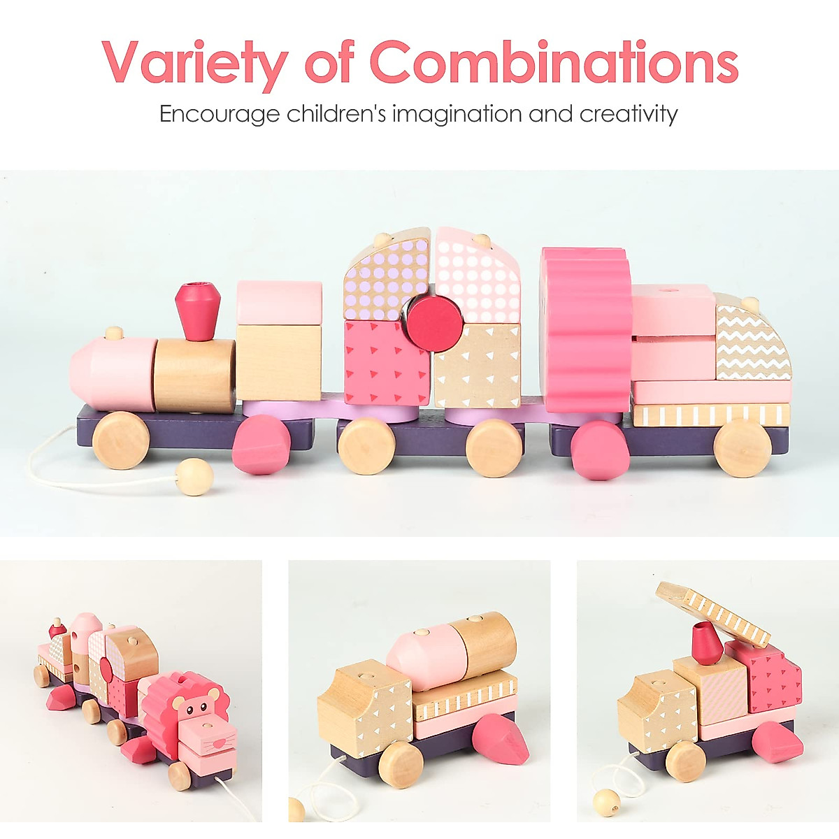 Toddler Montessori Toy, Wooden Block Train Set Stackable Building Blocks Toy Shape Sorter Toy Pink Lion Pull Toy for Baby Girl Ages 2 4 3 Years Birthday Gift Early Learning Educational Toy