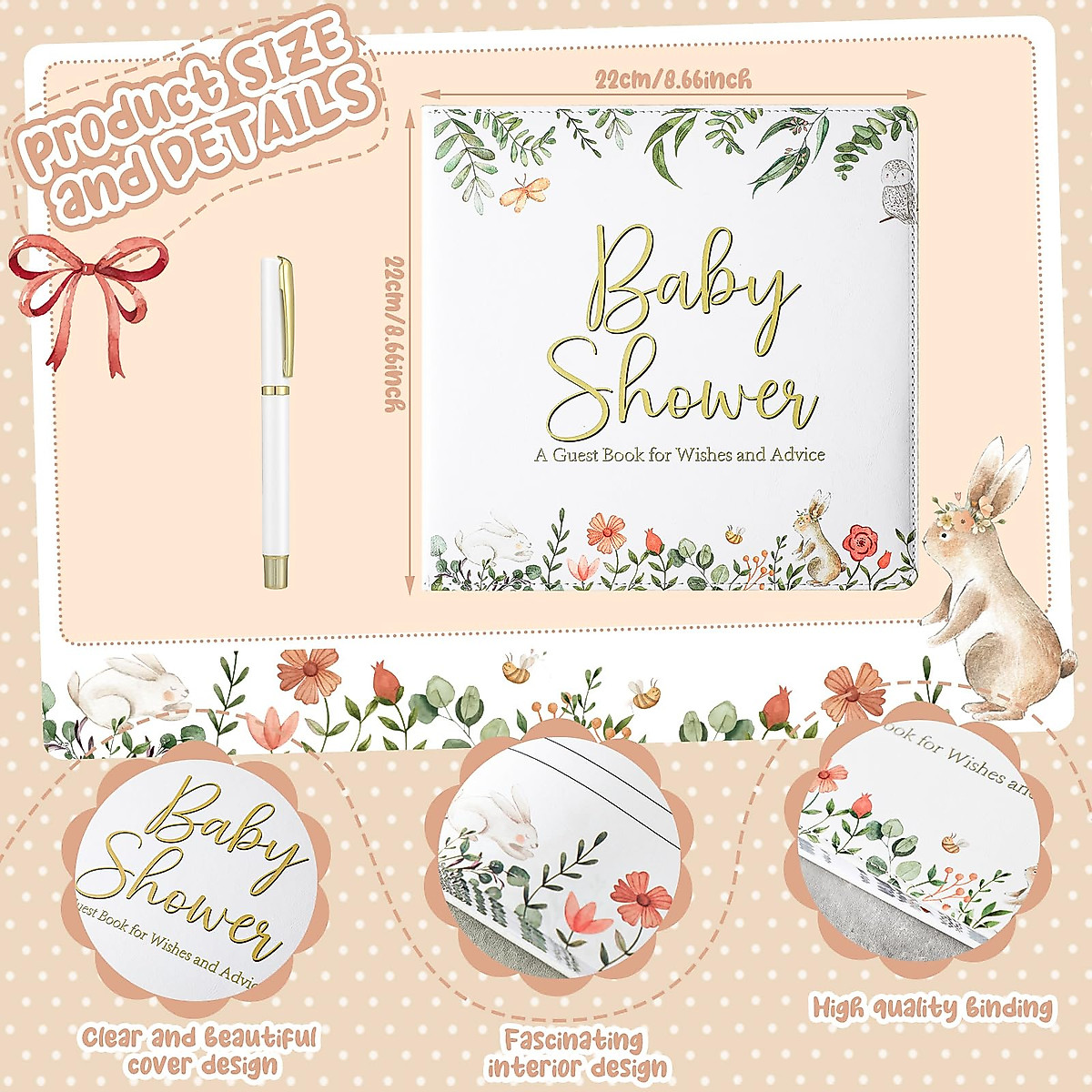 Engrowtic Floral Baby Shower Leather Guest Book with Pen 112 Pages Thanksgiving Day Guestbook Baby Shower Sign in Guest Book with Birth Date Baby Name Wishes Advice Gift for Parents