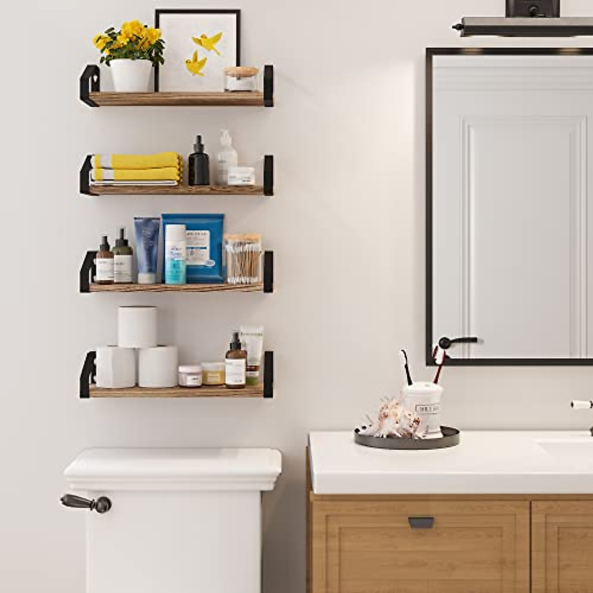 Wallniture Braga Floating Shelves for Wall Decor, Bookshelf Living Room Decor, Bathroom Organizer & Wall Shelves, Kitchen Organization, Burnt Finish Set of 4