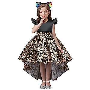 Flower Girl Leopard High Low Tutu Dress for Kids Baby Wedding Bridesmaid Pageant Party Formal Gown Toddler Princess Communion Birthday Dresses with Rainbow Sequins Ears Headwear Khaki 6-7 Years