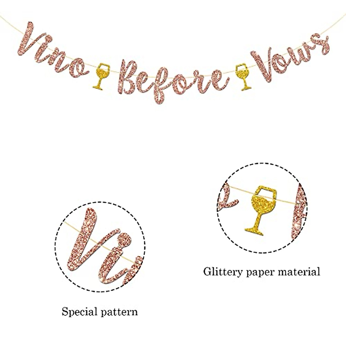 Talorine Vino Before Vows Banner, Bridal Shower, Engagement, Bride to Be, Wedding Party Decorations (Rose Gold Glitter)