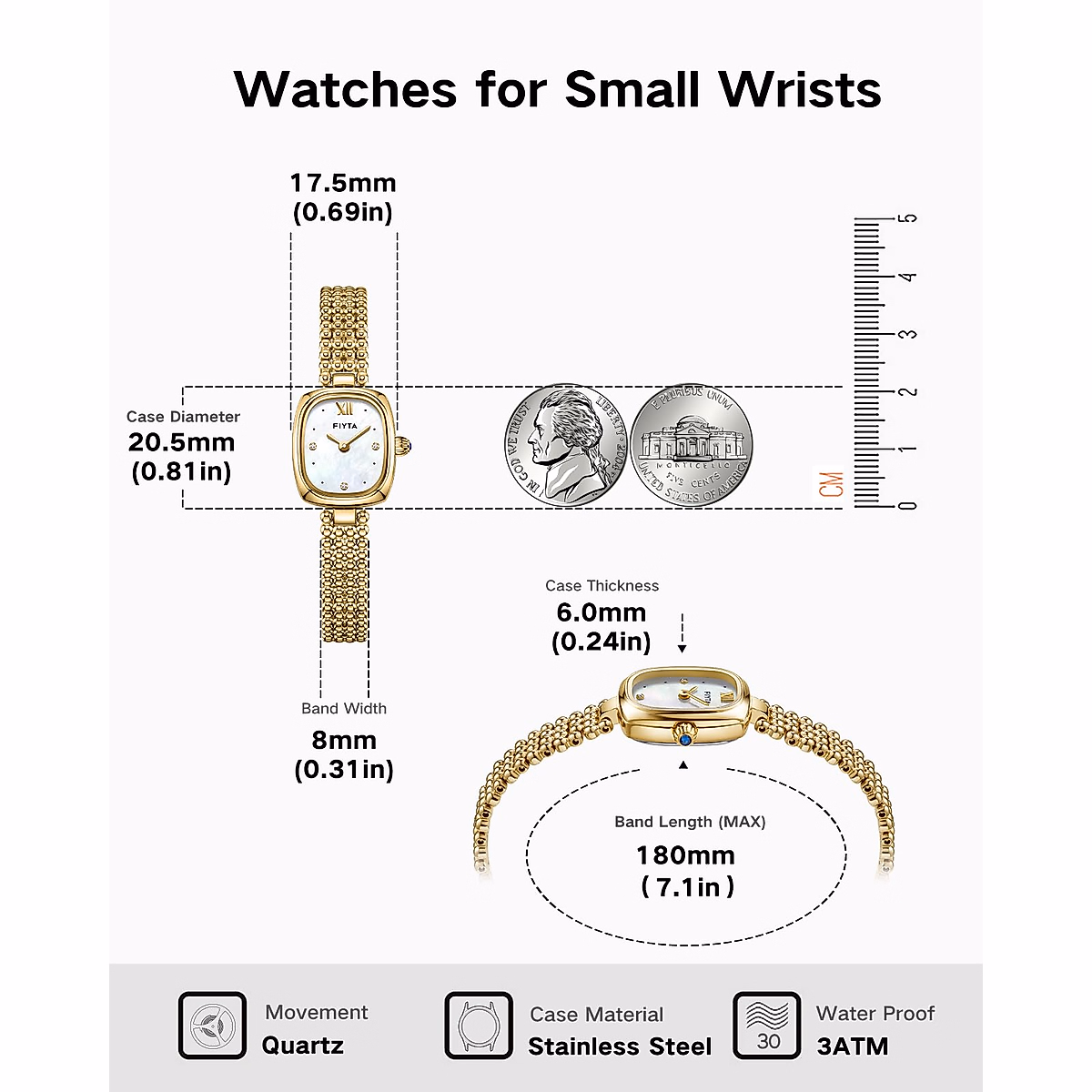 FIYTA Small Gold Watch Series Women's Watch, Rectangular Case, Adjustable Stainless Steel Bracelet, Wrapped by Stylish Gift Box, Elegant Present Watch for Women