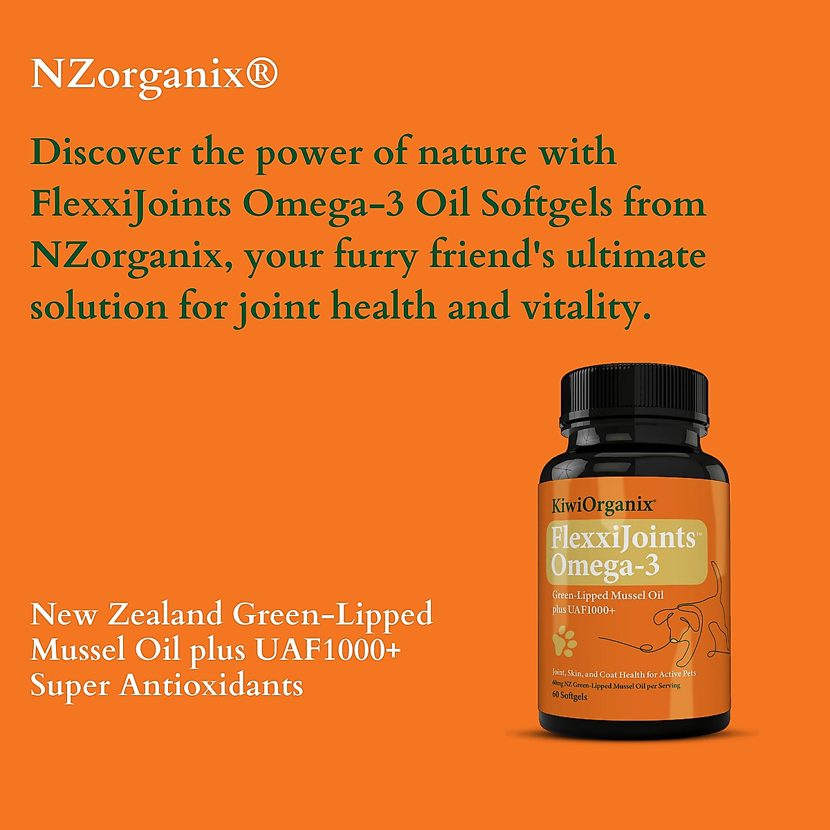 FlexxiJoints Omega-3 Hip and Joint Supplement • Green-Lipped Mussel Omega-3 Oil for Dogs • 100% New Zealand Green-Lipped Mussels (60 Softgels)