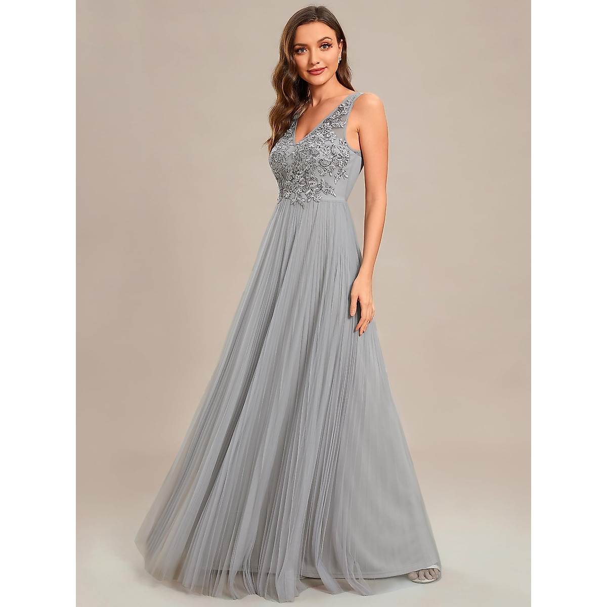 Ever-Pretty Women's Flowy Appliques V Neck A Line Sleeveless Tulle Pleated Evening Gowns Gray US8