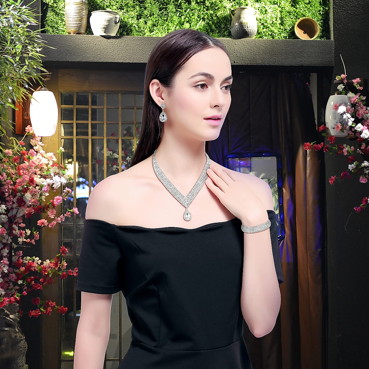 3 Pack Women Bridal Rhinestone Crystal Statement Necklace Link Bracelet and Teardrop Dangle Earrings Jewelry Set fit with Wedding Dress Party