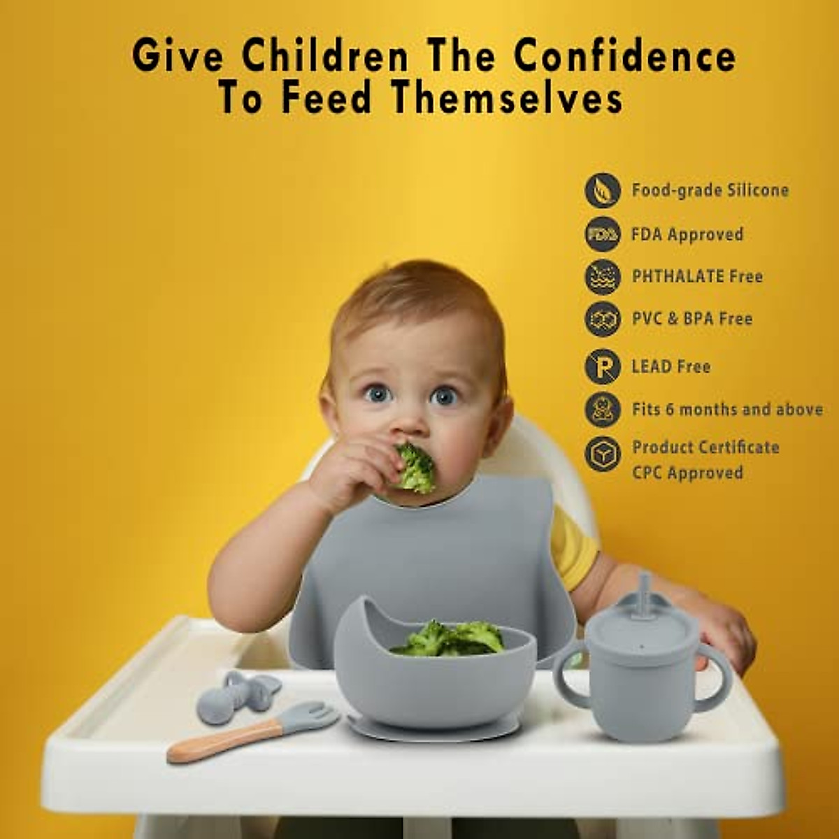 Maxsprout Baby Silicone Feeding Set for 6 Months and Up-Bowl with Suction, Divided Plate With Lid, Cup W/Straw & Snack Lid & More - BPA free-Toddler Self Feeding Utensils - Baby Led Weaning(Set of 12)