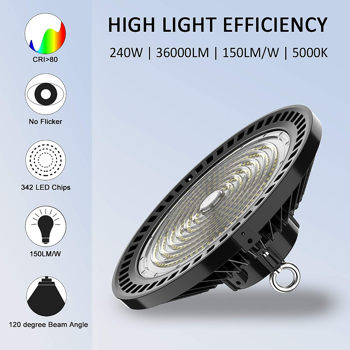 240W led high bay lighting,1-10V Dimmable ufo high bay light with plug，AC90-277V 5000K Daylight white， IP65 Waterproof Commercial Grade Area Warehouse Workshop Hanging Lighting Fixtures （1pack）