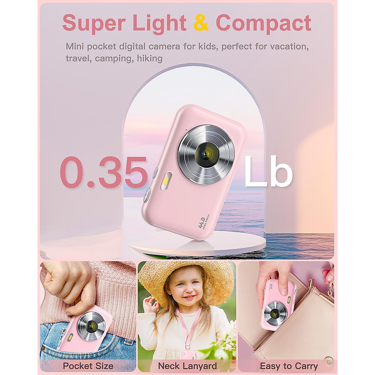 Digital Camera, FHD 1080P Kids Camera with Neck Lanyard 32GB Card Battery, Anti-Shake 16X Digital Zoom, 44MP Point Shoot Cameras, Compact Portable Small Gift Camera for Kid Teen Student Girl Boy(Pink)