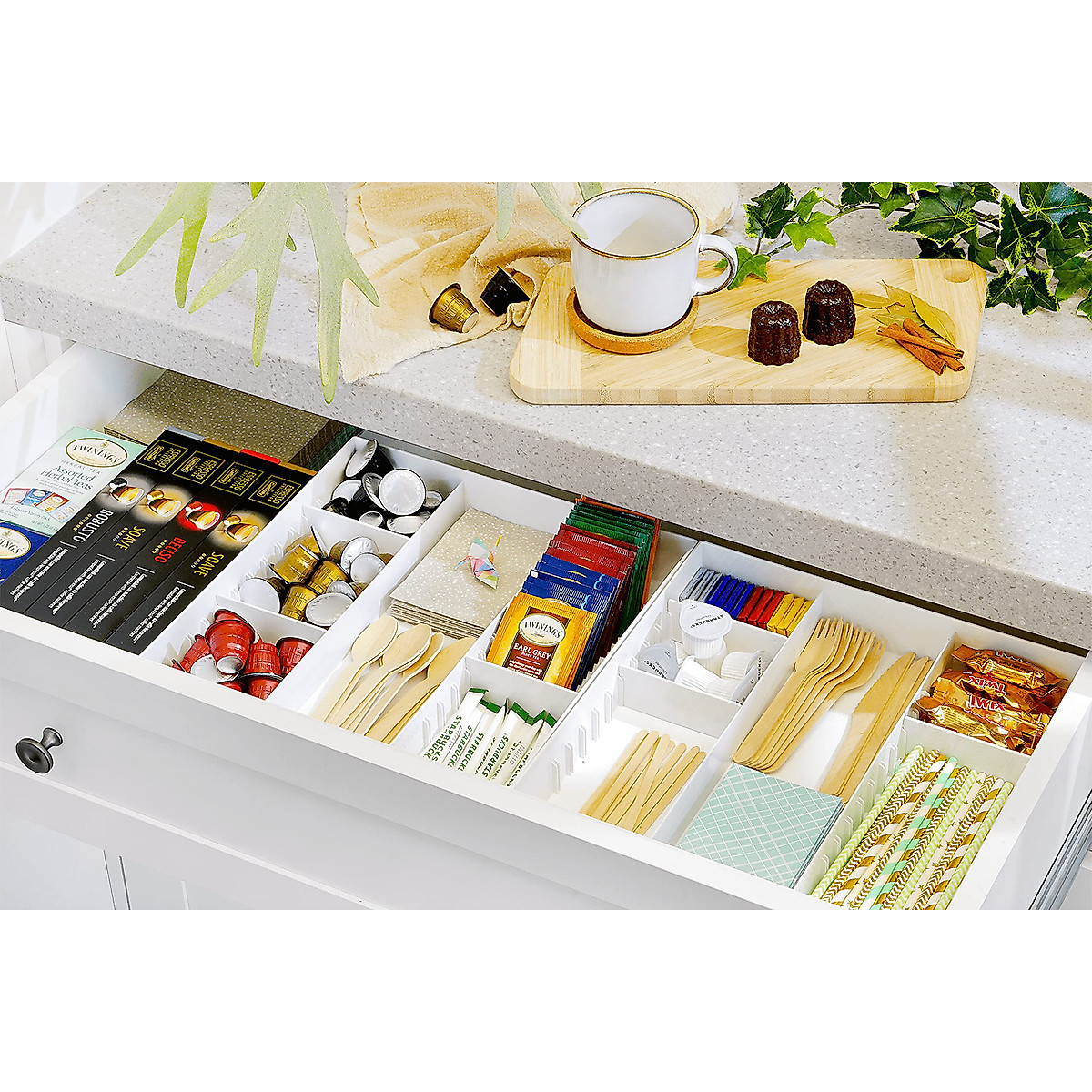 CAXXA 3 Slot Drawer Organizer with 4 Adjustable Dividers - Junk Drawer Storage for Makeup & Vanity, Office Desk Supplies and Accessories (WHITE, 1 PACK)