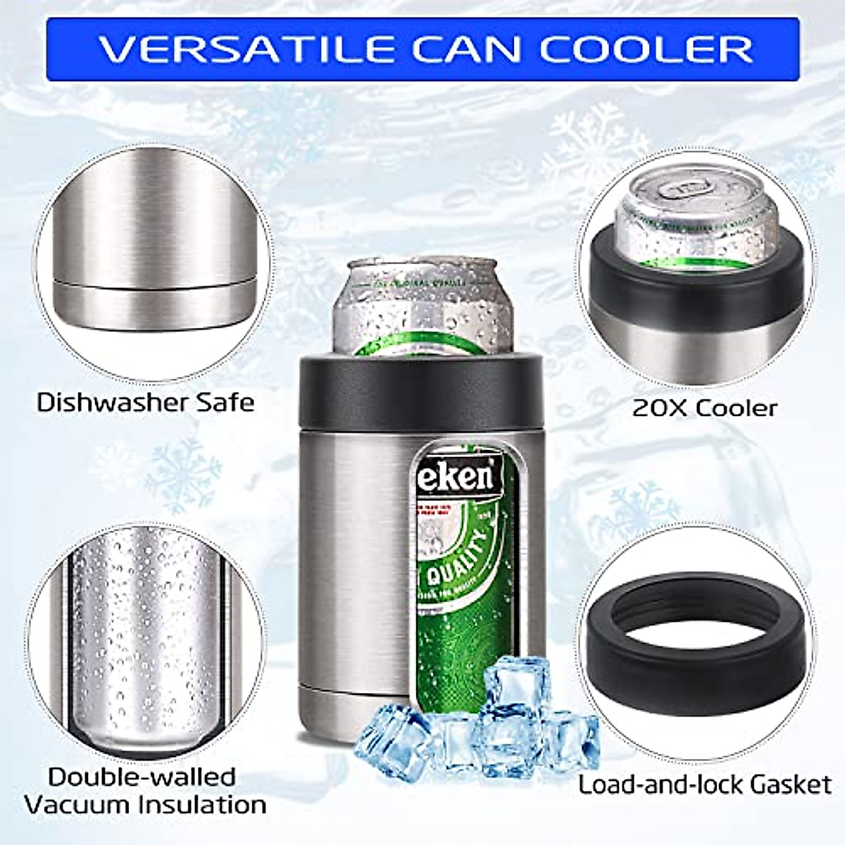 Stepstall Beer Bottle and Can Cooler with Beer Opener, 12 oz. Slim Can Beer Bottle Insulators Holder, Vacuum Insulated Double Walled Stainless Steel, Silver