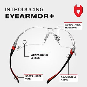 NoCry Clear Safety Glasses for Men and Women; Lightweight Work Glasses with Adjustable Frames and No-Slip Grips; Scratch Resistant Anti Fog Safety Glasses with Superior UV Protection, Black & Red