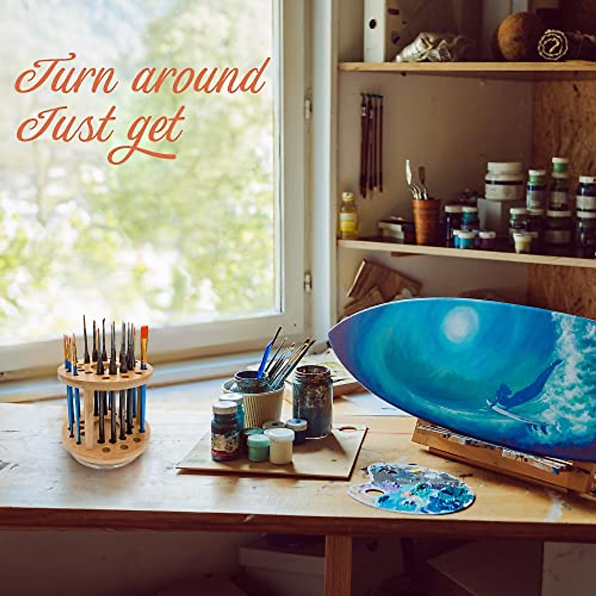 Paint Brush Holder 360 Rotating Bamboo Display Drying Stand Watercolor Coloring Brush Organizer Display Stand Tray Rack with 29 Holes（1 Big Hole 23 middle Holes 5 Small Holes）