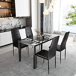 DKLGG 5-Piece Kitchen Table Set for Dining Room, 4 Faux Leather Metal Frame Chairs, Dinette, Compact Space w/Glass Tabletop, 47.25'' L x 27.56'' W x 29.5'' H, Black…