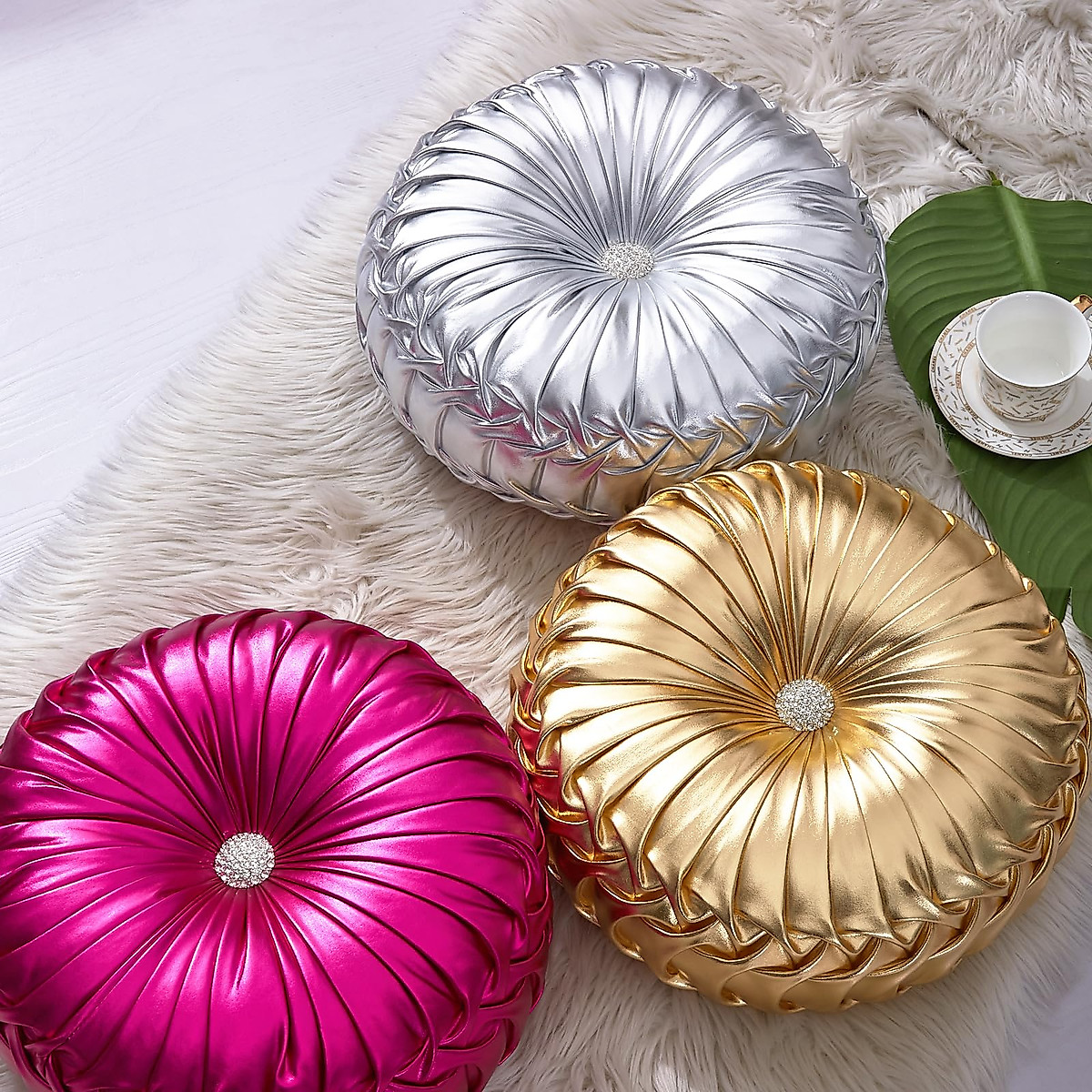 EUCIOR Gold Throw Pillows,Circular Pillow,Pumpkin Pleated Handmade Metallic Throw Pillows,Gold Pillows,Metallic Leather Decorative Pillows for Home Decor Bedroom Living Room Couch Bed Sofa (Gold)