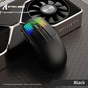 ATTACK SHARK X5 Wireless Gaming Mouse with Tri-Modes BT 5.1/2.4Ghz/USB-C,Lightweight 49g,PAW3212 Optical Sensor,Rechargeable Battery,RGB LED Honeycomb Mice for PC/Tablet/Desktop/Office/Games-Black