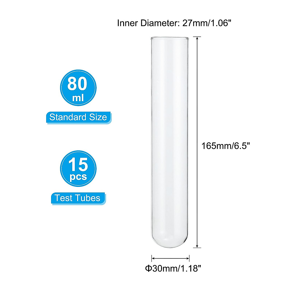 PATIKIL 80ml Test Tubes, 15pcs 6.5x1.18in Glass Clear Round Bottom Test Tube Containers for Bead Party Candy Bath Salt Storage Scientific Experiment Plant Propagation