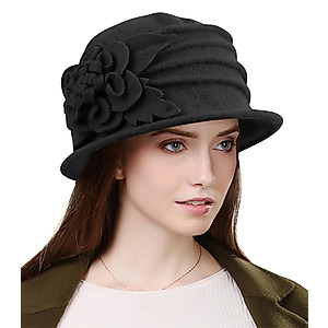 Sumolux Women Beret Hat French Vintage Floral Wool Dress Cloche Classic Winter Hat 1920s A Black