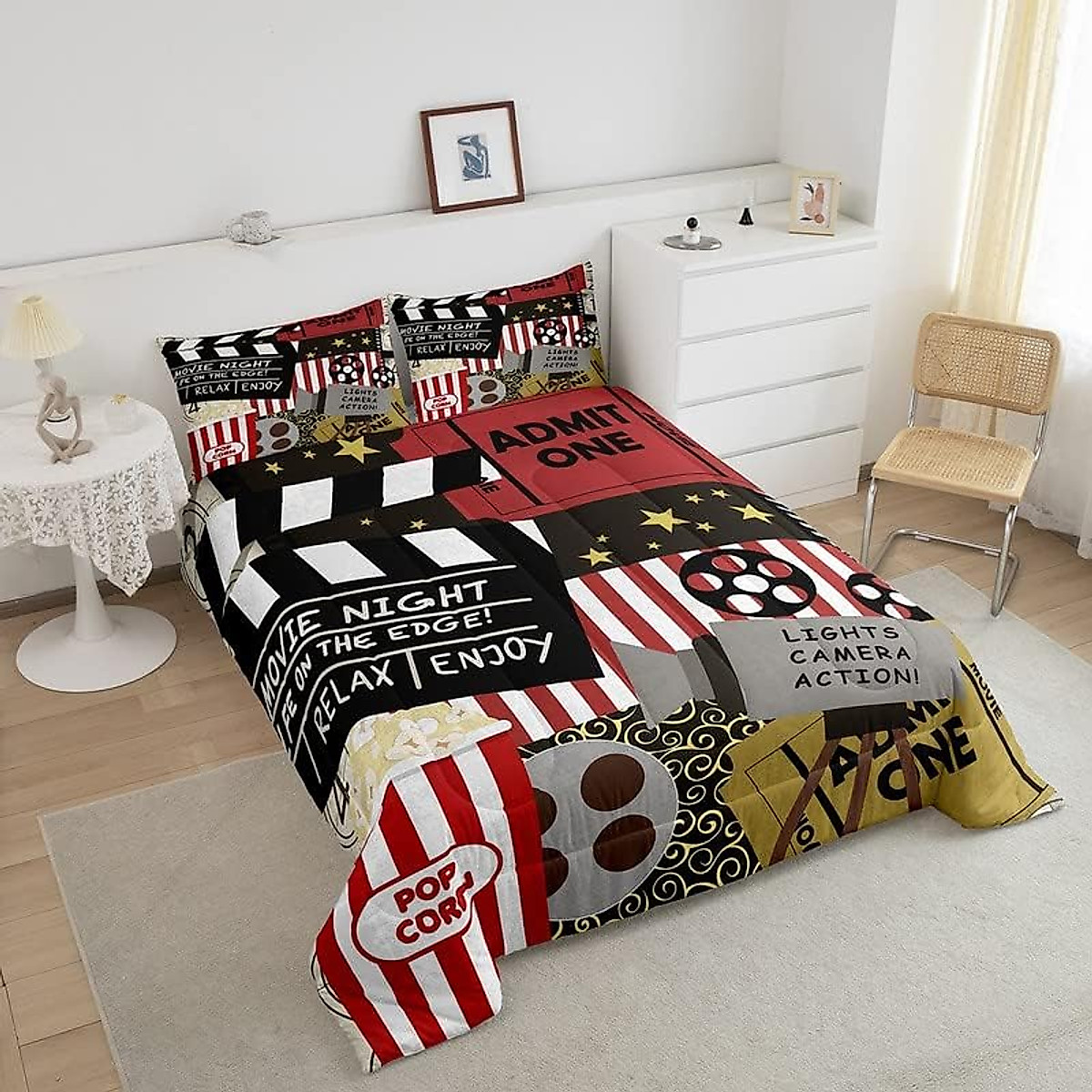 Popcorn Print Comforter Movie Theater Comforter Set Cinema Poster Design Bedding Set for Kids Boys Girls Rustic Wooden Duvet Set Full Size with 2 Pillow Case Boys