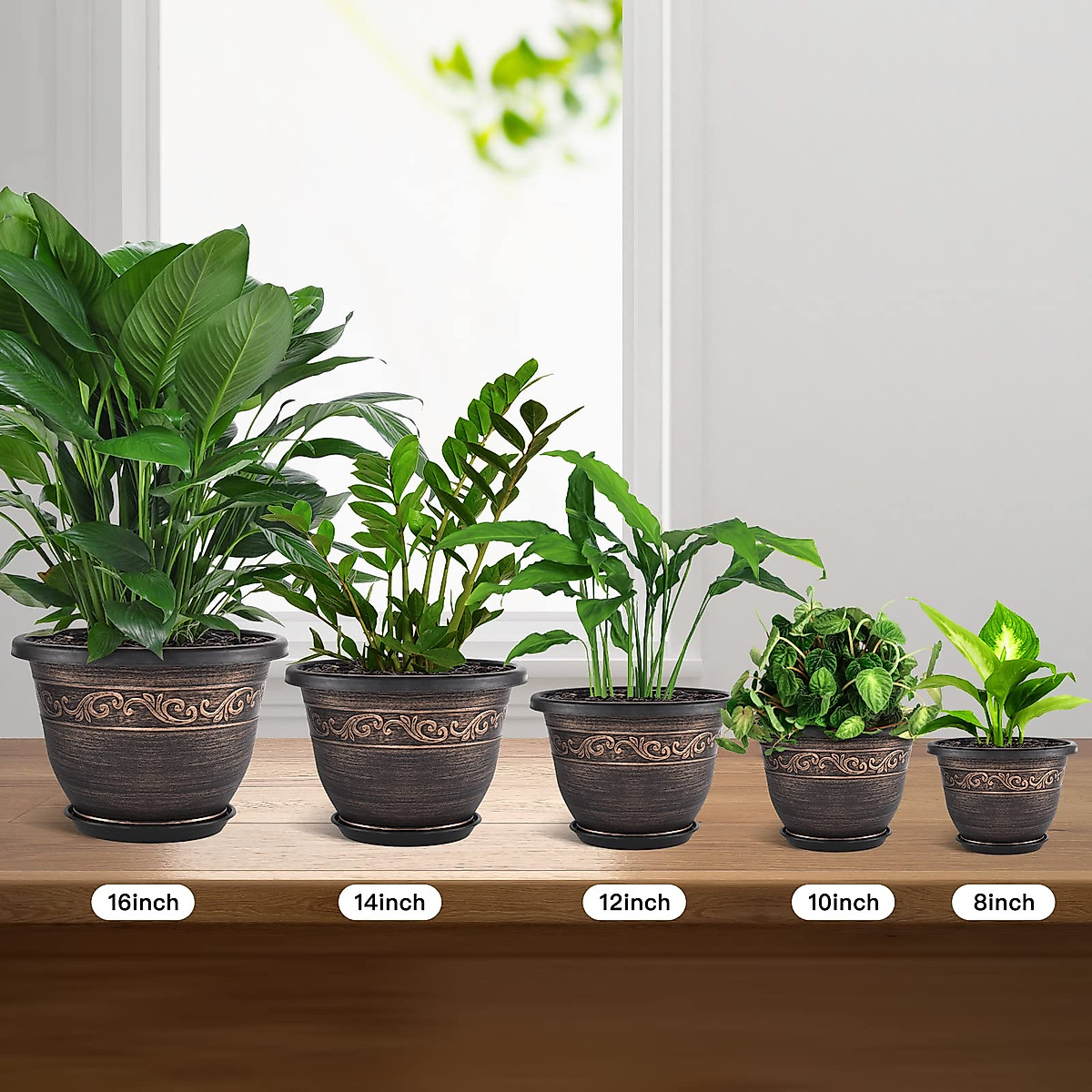 Plastic-Plant-Flower-Planters-14 Inch with Drainage Hole & Saucer, 3 Packs Lightweight Large Resin Flower Pot Indoor Outdoor, Retro Antique Imitation Decorative Garden Containers Sets for Houseplants