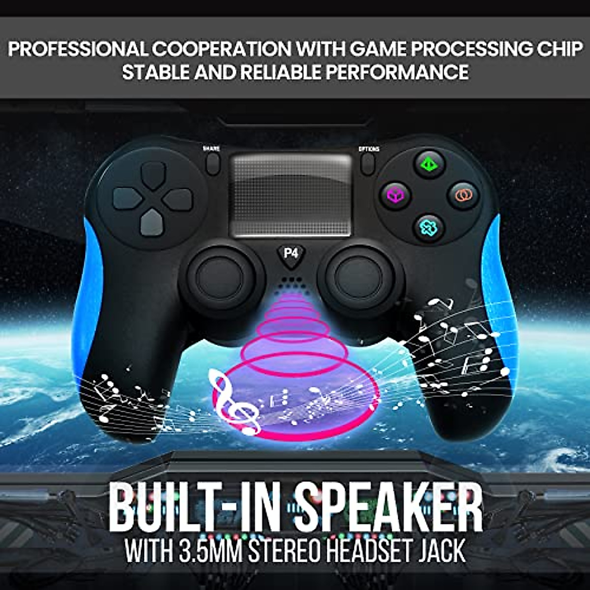 Wireless PS4 Controller - High-Performance Remote Joystick Game Console Controller Compatible with PS4/PS3, PC, Android, iOS Console - Dual Vibration, LED Lights, Built-in Speaker, 6-Axis Sensor