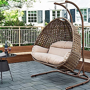 JOYBASE 2-Person Hanging Chair with Stand, Hanging Egg Chair, Wicker Rattan Hanging Chair with Cushion for Indoor Outdoor Garden Patio