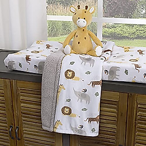 NoJo Jungle Trails Grey, Gold, Green, and White Super Soft Animal Print Sherpa Backed Baby Blanket