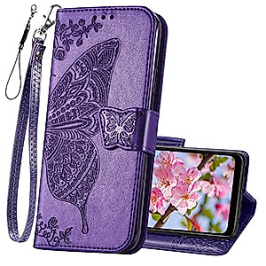 KRHGEIK Designed for Moto G Pure Phone Case Wallet,Women Butterfly Embossed PU Leather Protective Case with Kickstand Card Holder Slots Wrist Strap Flip Cover for Motorola Moto G Pure(Purple)