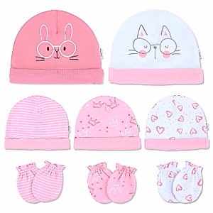 DOKMA Organic Cotton Baby Mittens and Caps Set - Mittens for Newborn 0-6 Months - Ultra Soft, No Scratch - 5 Caps x 3 Mittens