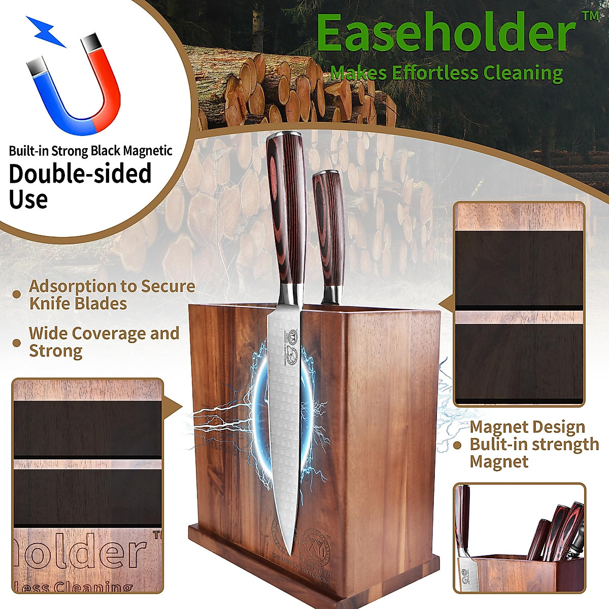 Easeholder Magnetic Knife Block without Knives, Double Side Magnetic Knife Holder Stand, Acacia Wood, Extra Large Capacity Magnet Knife Storage for Knives and Utensils, Kitchen Organizer Rack Tool