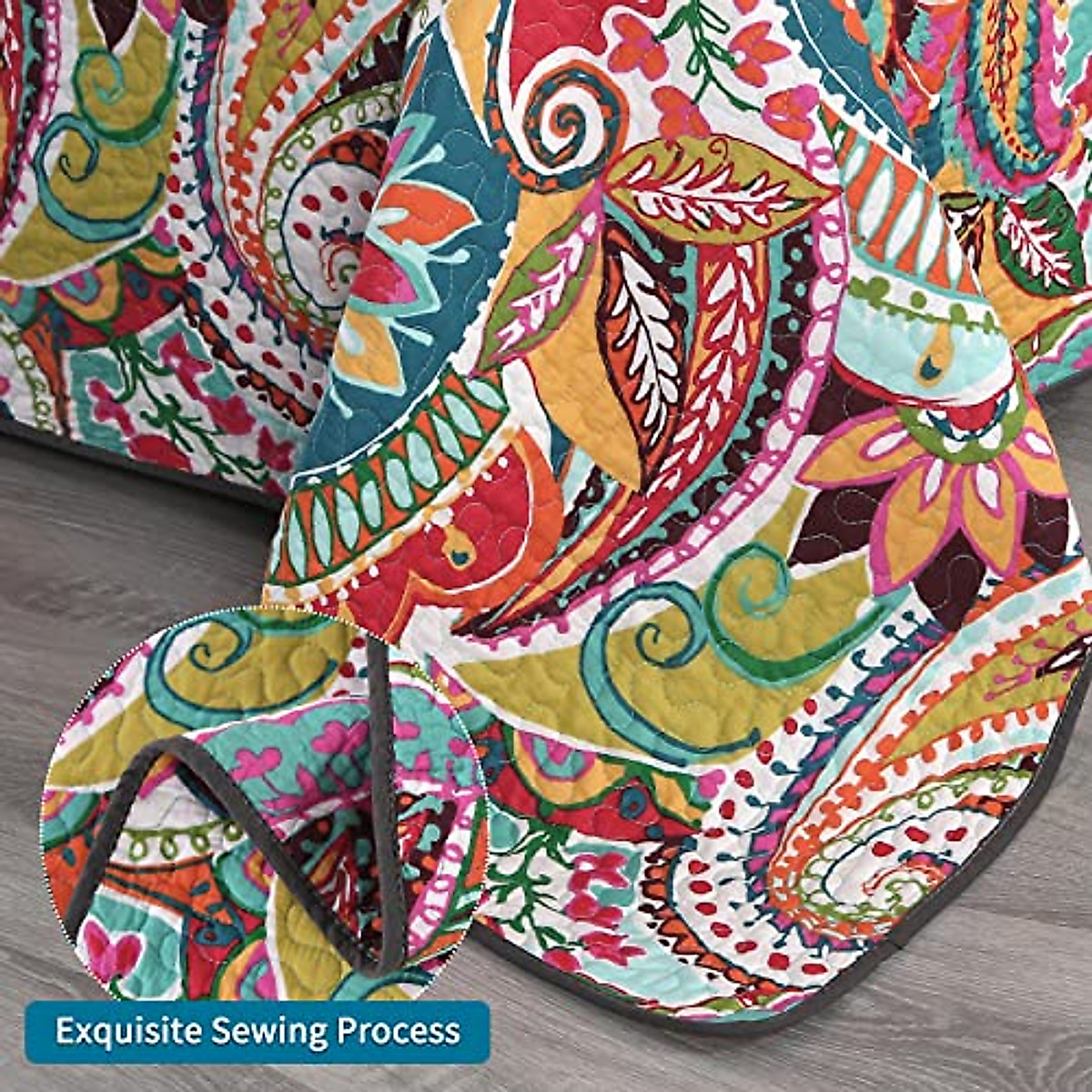 Qucover Quilt Sets Queen, 3-Piece Multicolor Paisley Cotton Queen Bedspread Quilt with 2 Pillow Shams, Patchwork Coverlet Set (Queen 90x98)