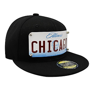 Men's Snapback Black Hat Custom Metal Plate Chicago (Black)