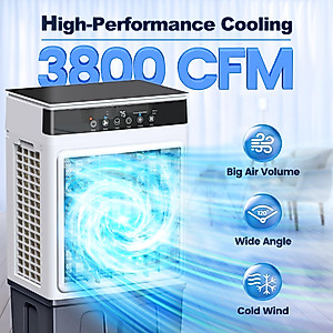 Swamp Cooler, 3800 CFM 3-in-1 Evaporative Air Cooler with 7.6 Gal Water Tank, 120° Oscillation, 3 Speeds 3 Modes, 12 H Timer, Remote, 4 Ice Packs, Portable Air Conditioner for Indoor＆Outdoor