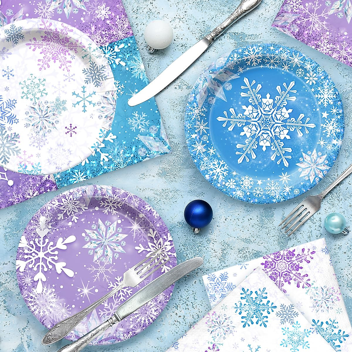 Frozen Plates and Napkins-61Pcs Winter Wonderland Snowflake Tableware for Christmas Winter Holiday,Birthday,Baby Shower