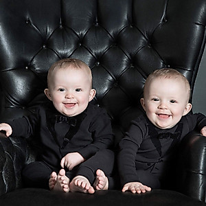 The Tiny Universe Tuxedo Onesie for Fancy Baby Boys, Body Suit with Satin Bow-Tie, Jumpsuit Gentleman Wedding Outfit (All Black, 80 / 12M)