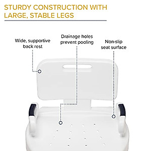 Drive Medical RTL12505 Handicap Bathroom Bench with Back and Arms, White