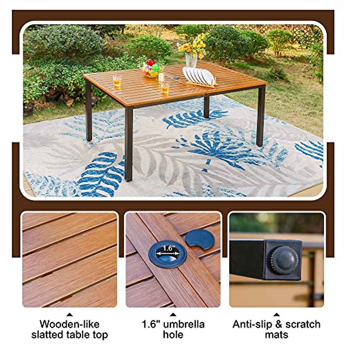 PHI VILLA 7 Piece Patio Dining Set, Outdoor Dining Furniture Patio Table Set with Patio Folding Chairs (Black) & Rectangle Wooden-Like Outdoor Dining Table for Lawn, Garden and Yard