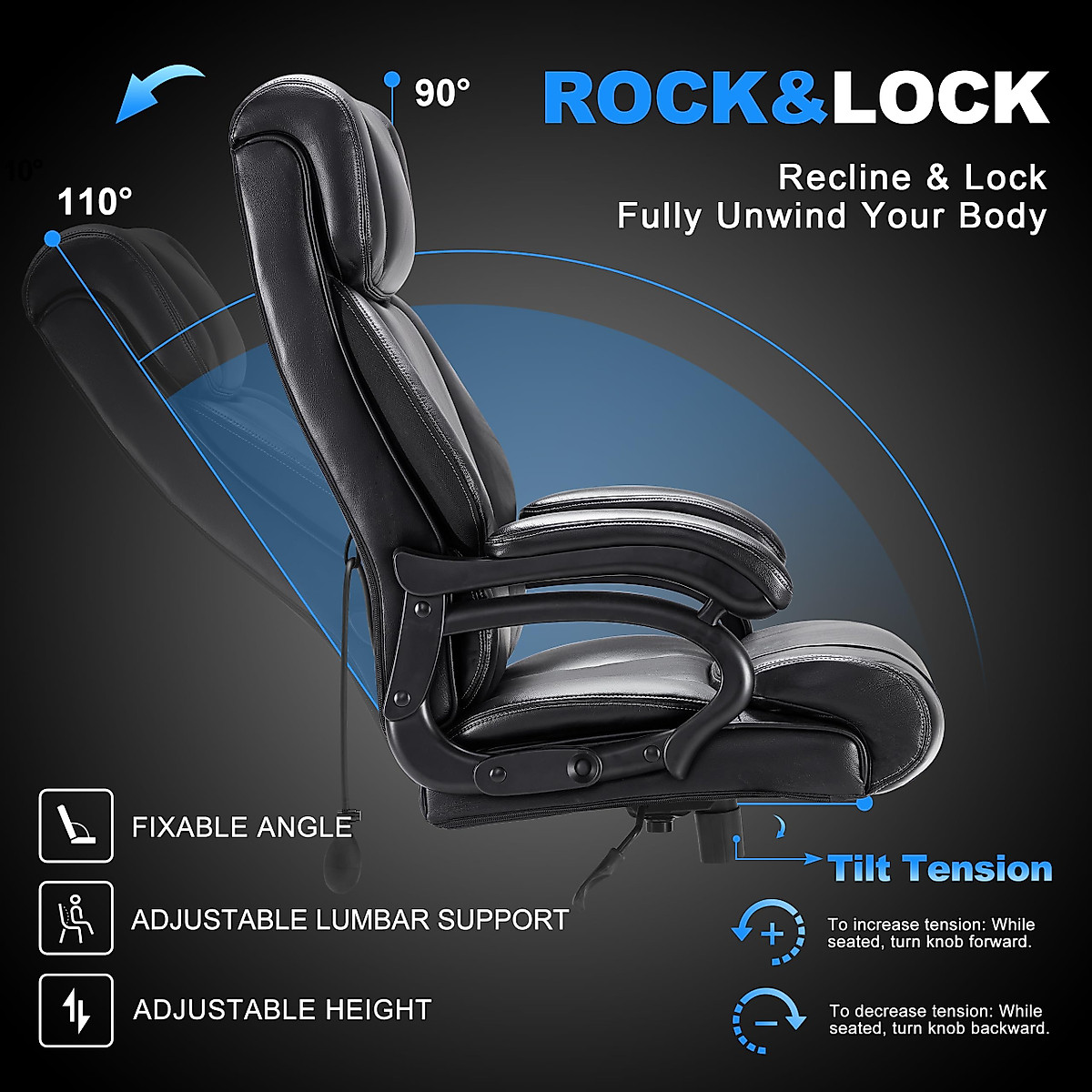 Huatean Home Big and Tall Office Chair 500LBS, Executive Office Chair for Heavy People, Heavy Duty Office Chair for Long Hours, Breathable Leather Ergonomic Office Chair for Back Pain Relief, Black