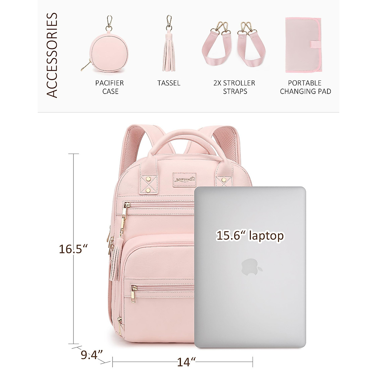 ROSEGIN Premium Vegan Leather Diaper Bag Backpack with Waterproof Changing Pad, Reinforced Zippers & Odor-Free, 20 Pockets Pro Organizer, Fits 15.6" Laptop, Stroller Straps, Baby Bag for Mom, Pink