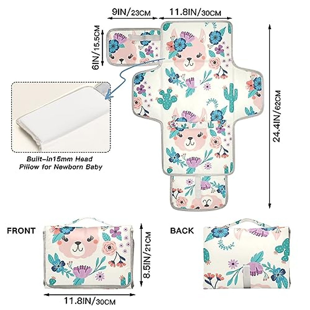 Bulletgxll Llama Cactus Portable Diaper Changing Pad Waterproof Changing Pad with Baby Tissue Pocket and Magic Stick for Newborn Baby.