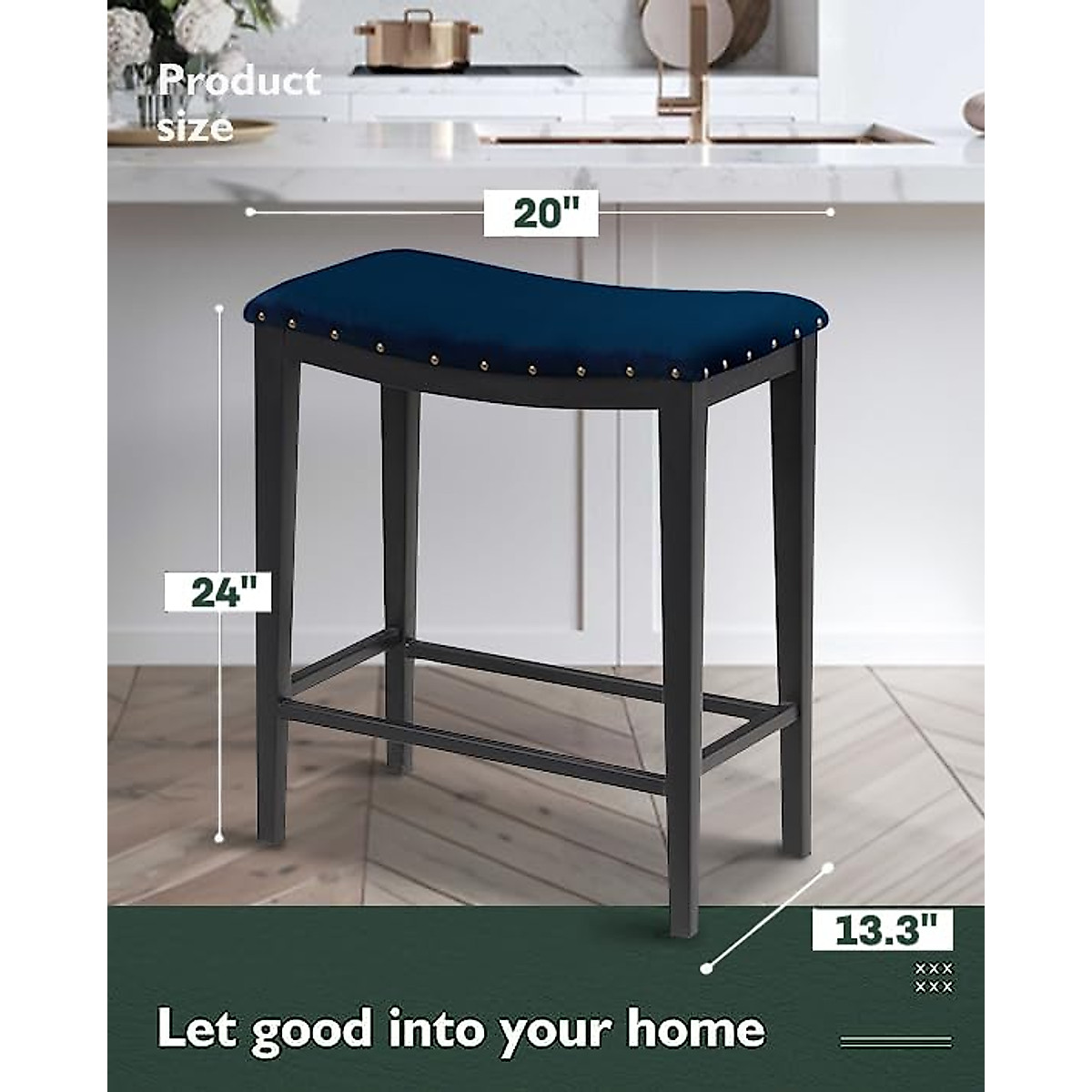 KATDANS Blue Bar Stools Set of 2 Counter Height 24 Inches Backless Barstools for Kitchen Counter Modern Saddle Stools Velvet Nailhead Upholstered Stools, KS718PBL, 2Pcs