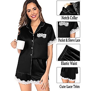 SWOMOG Women's Silk Lace Pajama Sets Satin Button Down Tops Pjs Lace Shorts Bottoms 2 Pcs Sleepwear Lounge Sets with Pockets Black