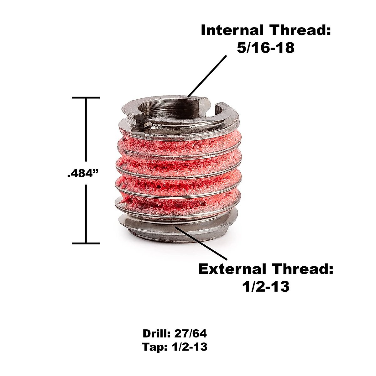 E-Z LOK - 303-5 E-Z Lok Externally Threaded Insert, 303 Stainless Steel, 5/16"-18 Internal Threads, 1/2"-13 External Threads, 0.484" Length, Made in US (Pack of 5)