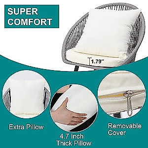 BETTAHOME 3 Piece Bistro Set, Patio Furniture Set with Cushion and Pillow, Outdoor Balcony Woven Chairs and Table, Grey and Black