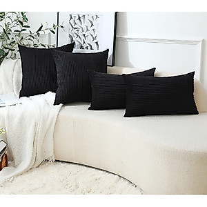 Stellhome Pack of 2, Corduroy Soft Decorative Square Throw Pillow Cover Accent Striped Cushion Covers Pillowcase, Home Decor Decorations for Sofa Couch Bed Chair, 18x18 Inch/45x45 cm, Black