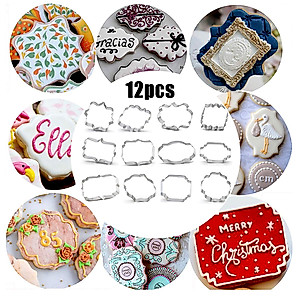 12PCS Frame Cookie Cutter Plaque Cookie Cutters Stainless Steel Different Frames Fondant Cutter Molds Frames Fondant Cookie Cutter for Birthday Party Decorations
