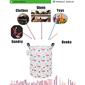 LANGYASHAN Laundry Basket Canvas Fabric Collapsible Organizer Basket for Storage Bin Toy Bins Gift Baskets Bedroom Clothes Children Nursery Hamper (Round Flamingo)