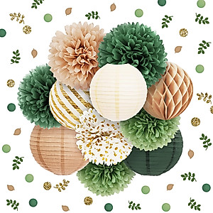 AOBKIAT Wedding Party Decorations,12 PCS Olive Green Paper Lanterns and Pom Poms Flowers for Neutral Baby Shower,Engagement,Birthday,Boho Bridal Showers
