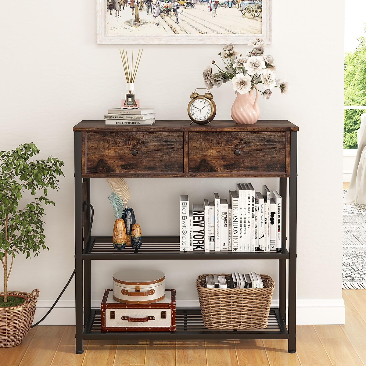 Rustic Industrial Console Table, Sofa Table ，Narrow Side Table with 2 Fabric Drawers, Small Entrance Table with 3 Storage Shelves, Side Table for Living Room, Hallway（31.5，Brown and Black）